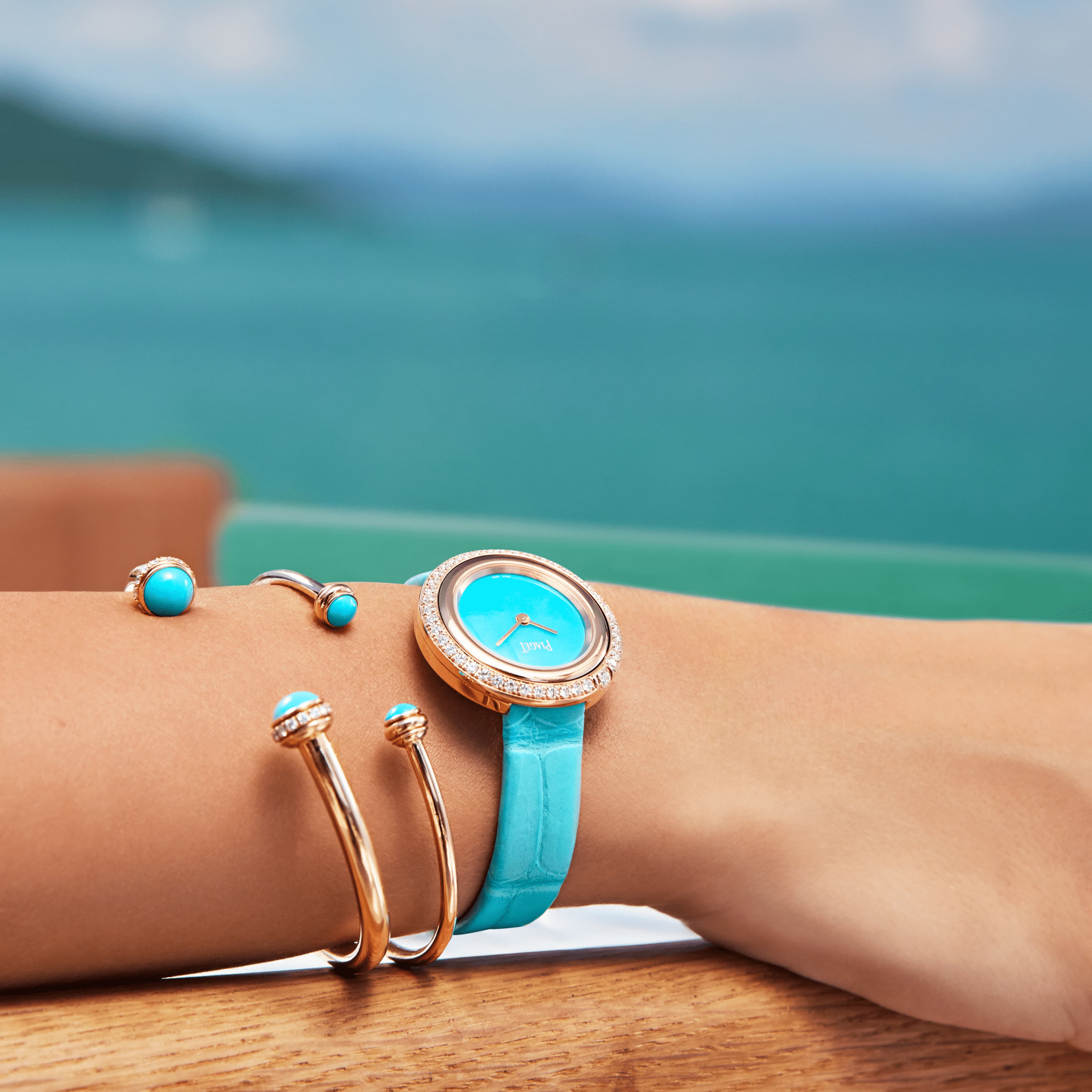 Rose gold Turquoise Diamond open bangle bracelet - Piaget Luxury ...
